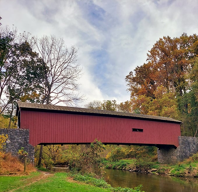 The classic red siding against autumn foliage creates a postcard-perfect scene that no filter could improve. Pennsylvania's covered bridges aren't just functional&mdash;they're time machines.