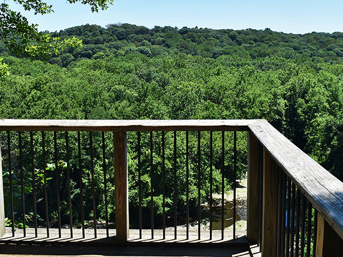 The Overlook Observation Deck offers a front-row seat to Ohio's verdant symphony, where rolling hills and distant bridges create nature's perfect panorama.