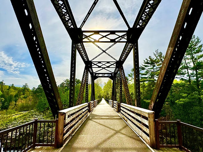 The iconic swinging bridge at Jay Cooke invites you to cross into adventure, with its sturdy steel frame promising both stability and excitement.