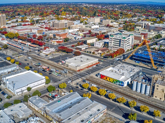Modesto from above &ndash; where autumn colors frame a downtown that's refreshingly navigable without GPS or the need for anxiety medication.