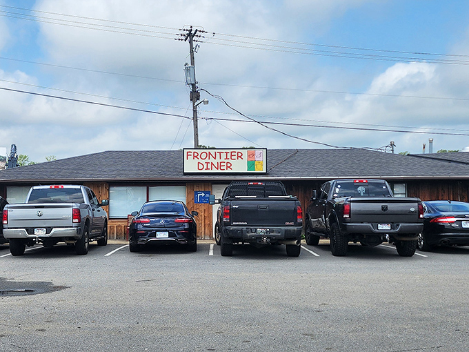 The parking lot tells the story: pickup trucks lined up like hungry soldiers awaiting their breakfast marching orders at Frontier Diner's humble headquarters.