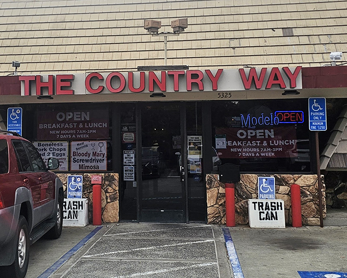 The unassuming exterior of Country Way beckons with its stone facade and no-nonsense signage. This breakfast sanctuary in Fremont has been feeding hungry souls for generations.