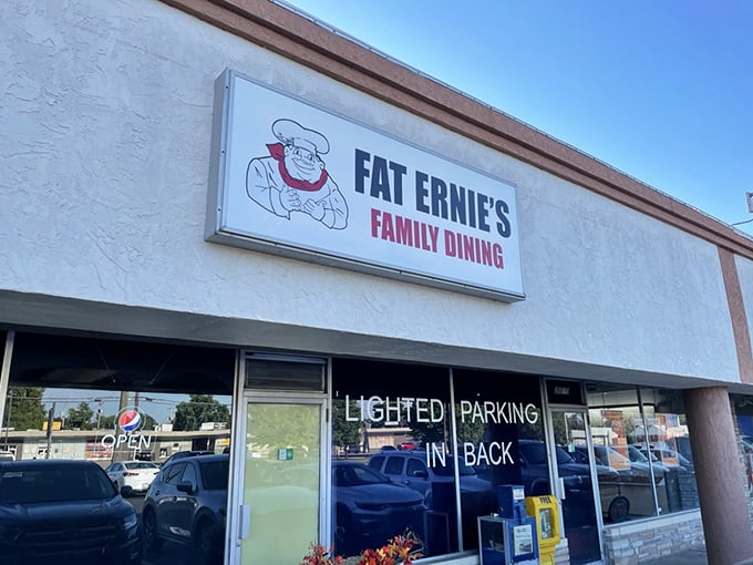 The unassuming exterior of Fat Ernie's Family Dining in Wichita hides culinary treasures within. That cartoon chef knows what he's doing!