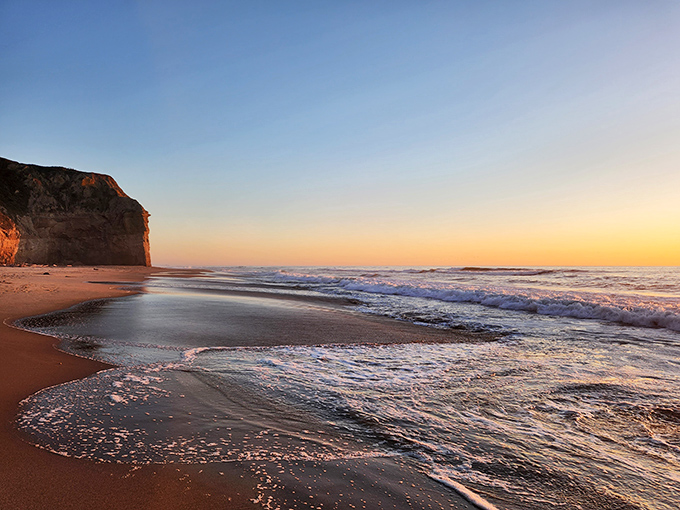 Sunset paints the cliffs golden at San Gregorio State Beach, where the Pacific whispers secrets to the sand in foamy cursive.