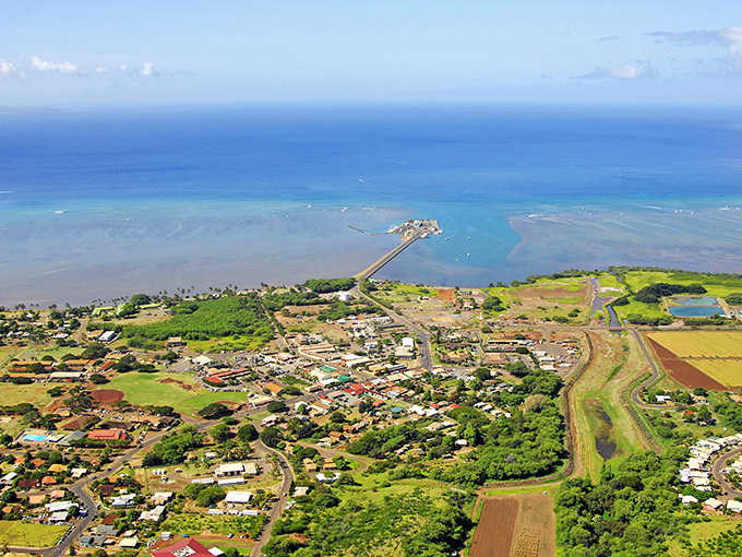 Kaunakakai from above reveals its true character &ndash; a place where the ocean meets small-town charm in perfect Hawaiian harmony.