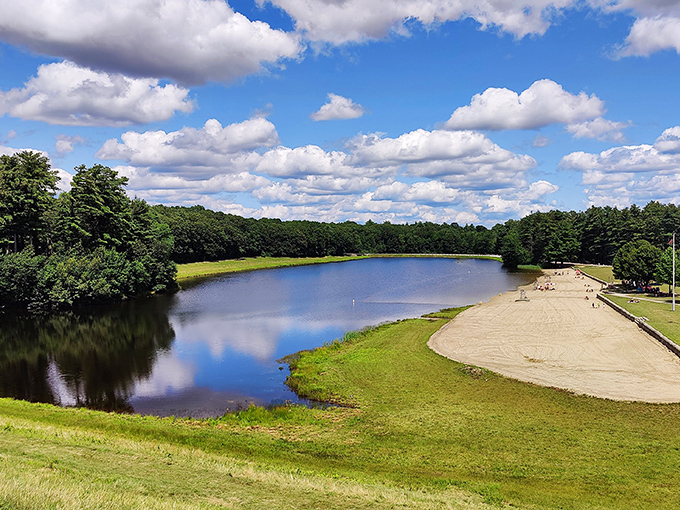 Nature's perfect balancing act: towering pines meet crystal waters at Hopkinton Reservoir, creating a postcard moment that no filter could improve.