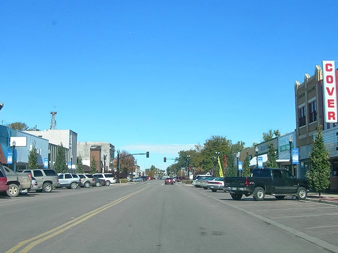 Fort Morgan's Main Street unfolds like a living museum of Americana, complete with the historic Cover Theatre marquee.