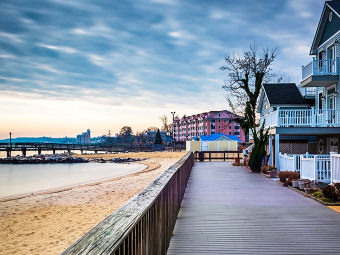 Dawn breaks over North Beach's boardwalk, painting the sky in watercolors while the Chesapeake whispers promises of a perfect day ahead.