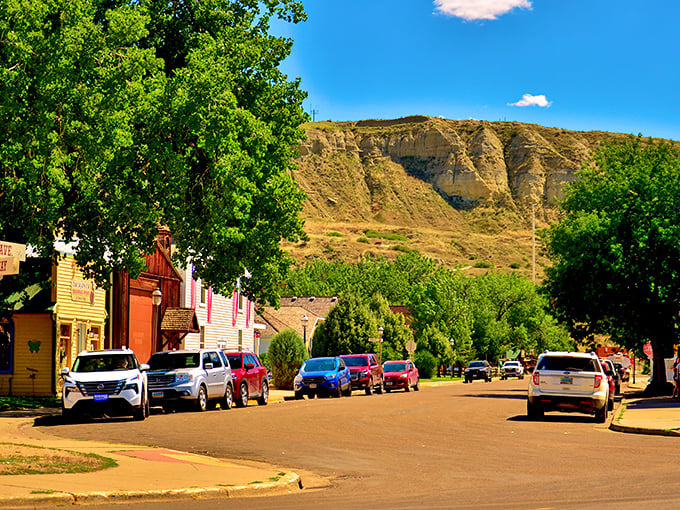 Medora's main street looks like a movie set with those dramatic buttes as a backdrop. Small-town charm with nature's grandeur on full display.