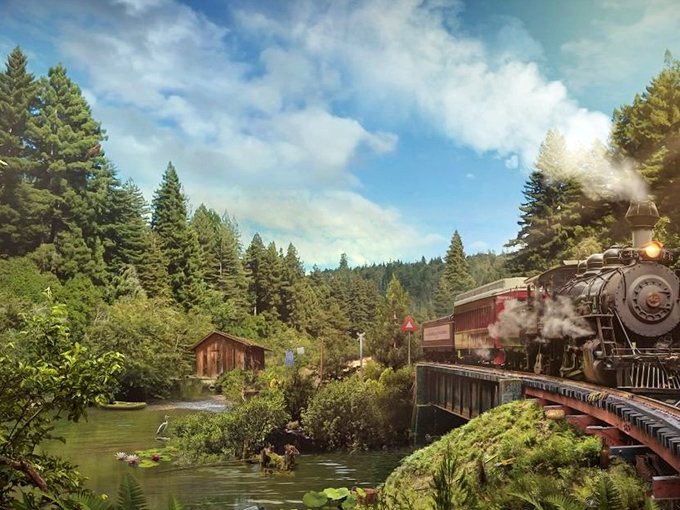 The iron horse in its natural habitat &ndash; a magnificent steam engine cutting through ancient redwoods like a time-traveling explorer.