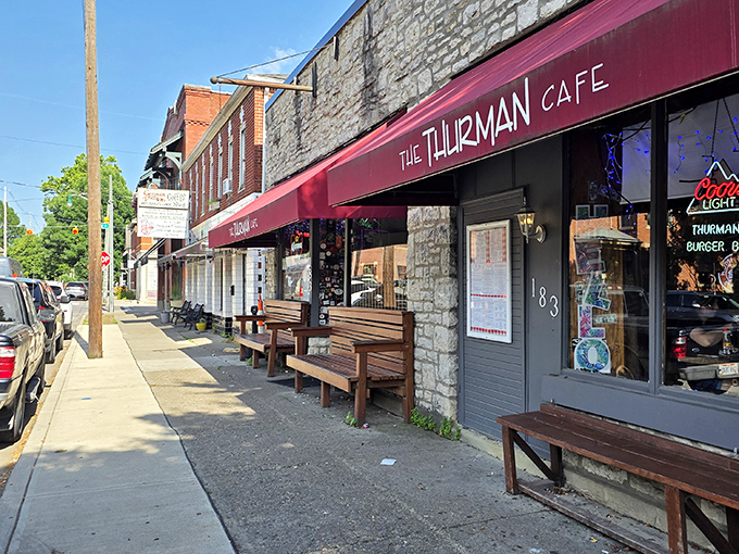German Village's burger mecca basks in daylight, while wooden benches outside serve as the waiting room for those brave enough to tackle The Thurmanator.