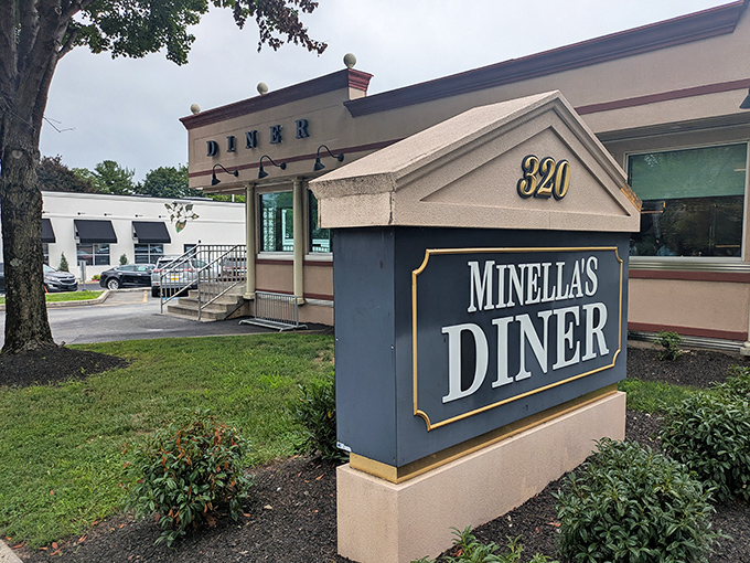 The iconic Minella's sign welcomes hungry travelers to this Wayne institution, where breakfast dreams come true at all hours.