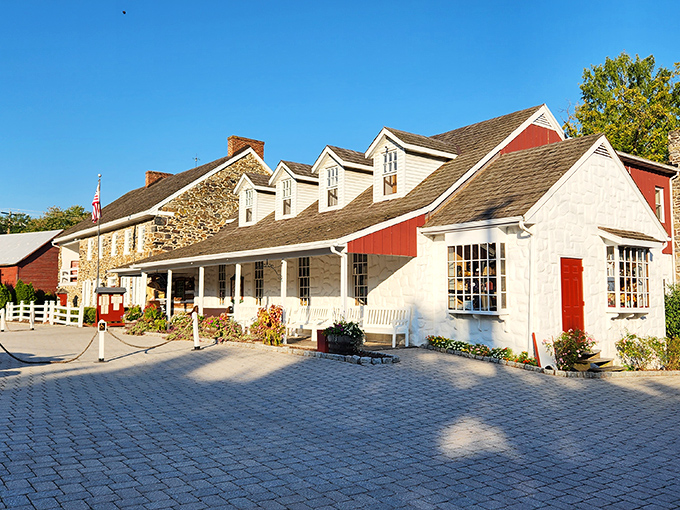 The Dobbin House stands proudly against a blue Pennsylvania sky, its colonial architecture whispering stories from centuries past while promising delicious adventures within.