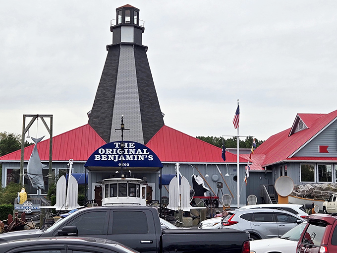 The lighthouse-topped red roof of Benjamin's stands like a beacon for hungry seafood lovers, guiding them to Calabash paradise on the Myrtle Beach shore.