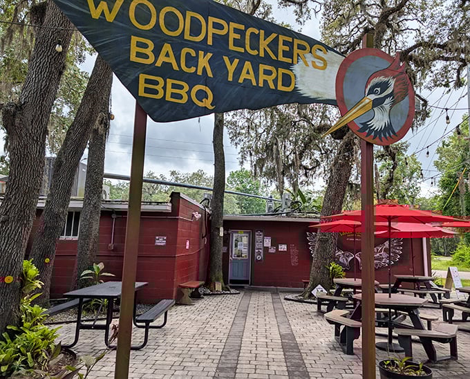 Spanish moss drapes over this unassuming BBQ sanctuary like nature's own welcome banner. The bright woodpecker logo promises what the building delivers: flavor with character.
