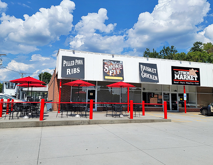 The no-nonsense storefront makes one promise and delivers it loud and clear: pulled pork, ribs, brisket, and chicken smoked to perfection. No frills, just flavor.