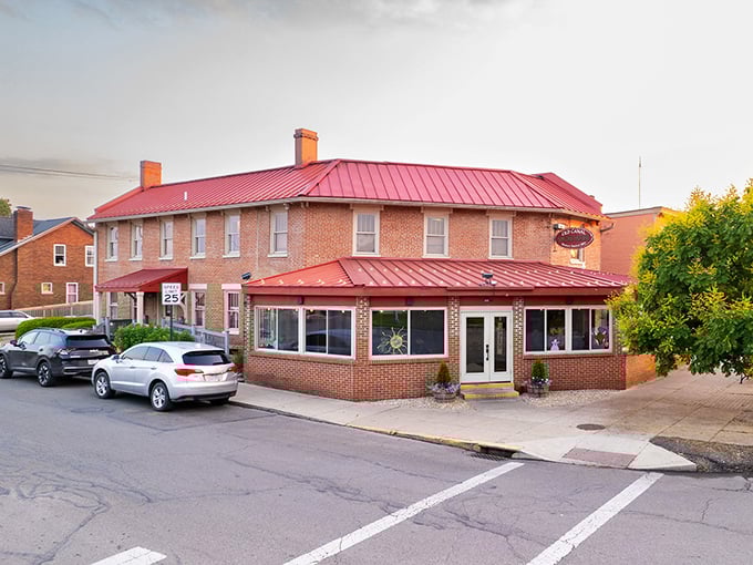 Two stories of brick-and-mortar history where Ohio's canal workers once gathered, now serving modern comfort.