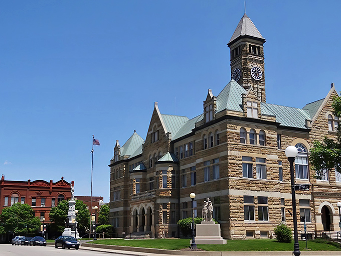 The majestic Coles County Courthouse stands as Charleston's crown jewel, its clock tower keeping time for generations of budget-conscious residents below.