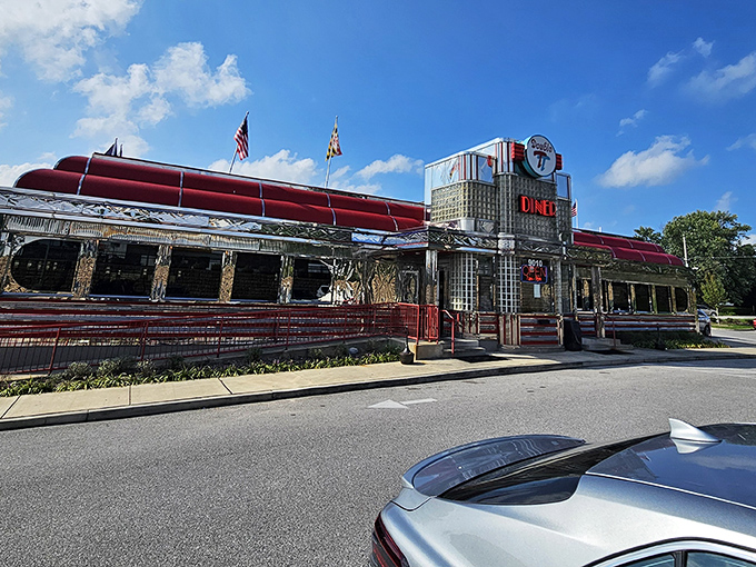 The gleaming red and chrome exterior of Double T Diner stands like a time machine to the golden age of roadside Americana. Maryland's breakfast temple awaits!
