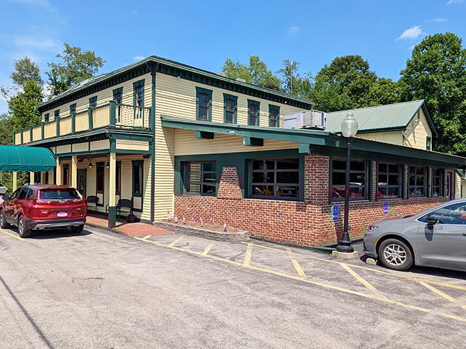 The iconic green awnings of Rachel's Roadhouse welcome hungry travelers like a culinary lighthouse on Pennsylvania's dining landscape.