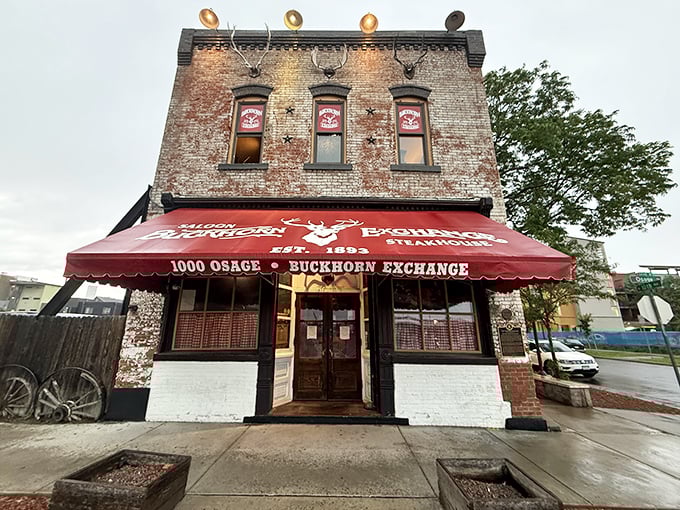The iconic brick facade of Buckhorn Exchange stands proudly on Osage Street, its red awning beckoning hungry adventurers like a carnivorous lighthouse in urban Denver.