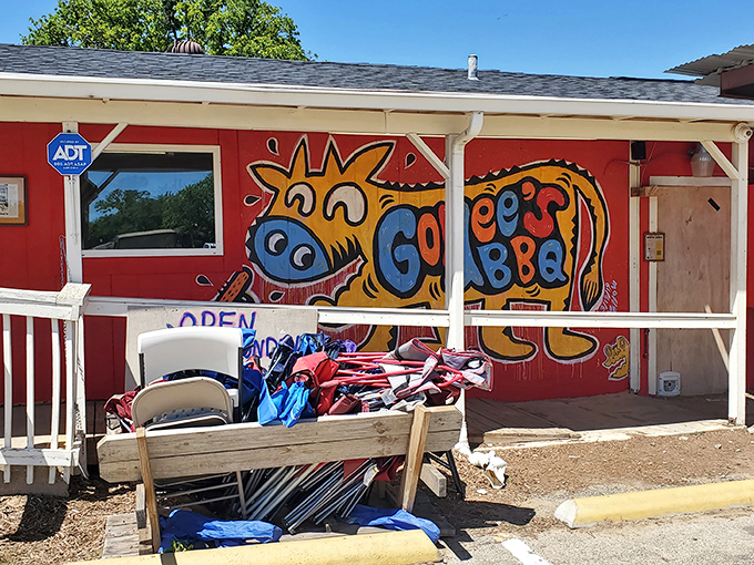 The cartoon pig mural at Goldee's isn't just art&mdash;it's a beacon of barbecue hope, beckoning hungry pilgrims to the promised land of perfect brisket.