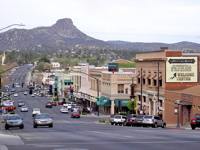Thumb Butte stands sentinel over Prescott's historic downtown, where century-old buildings house modern treasures beneath Arizona's brilliant blue skies.