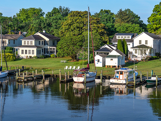 Harbor perfection: The iconic red roofs of St. Michaels' waterfront buildings reflect in the Miles River like a maritime postcard come to life.