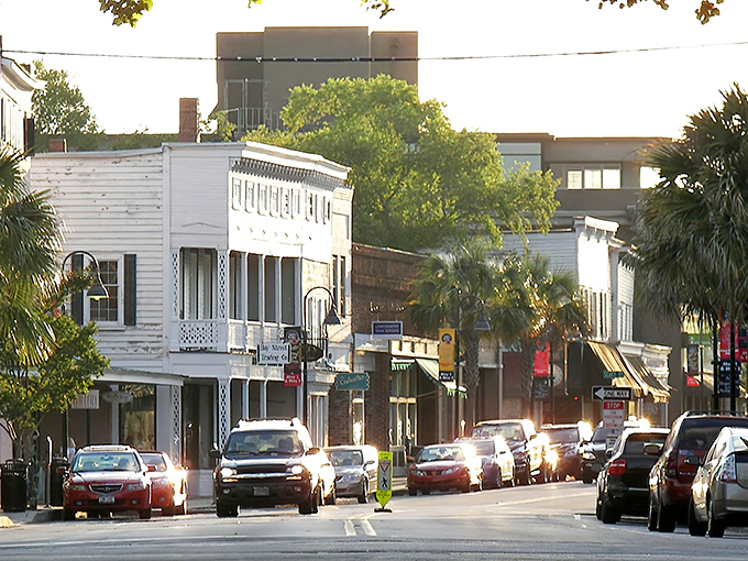 Bay Street at golden hour – where historic charm meets modern life in a dance as graceful as Spanish moss swaying in the Lowcountry breeze.