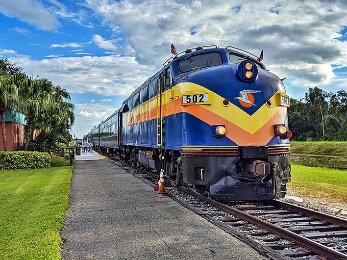 The iconic blue and yellow locomotive stands ready for adventure, its vibrant colors popping against Florida's cloud-dappled sky like a tropical bird among palms.