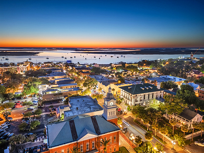 Twilight transforms Fernandina Beach into a magical tableau, with the harbor's twinkling lights competing with the sunset's final dramatic flourish.