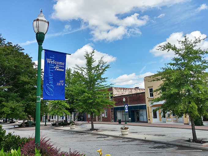 Downtown Toccoa welcomes visitors with classic small-town charm. Those vintage lampposts aren't just decorative&mdash;they're time machines to a more neighborly era.