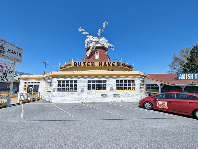 The iconic windmill atop Dutch Haven stands like a beacon for sweet-toothed travelers, promising molasses-laden treasures within those whitewashed walls.