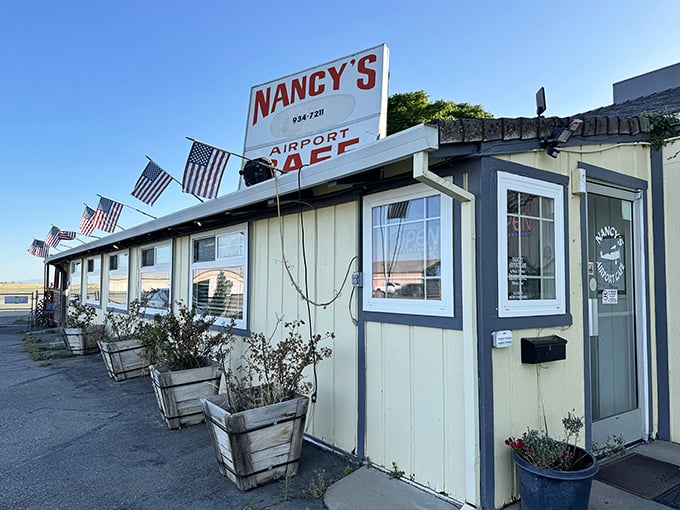 Nancy's Airport Cafe stands proudly against the California sky, American flags fluttering like they're welcoming hungry travelers home. Simple, unpretentious, and absolutely worth the detour.