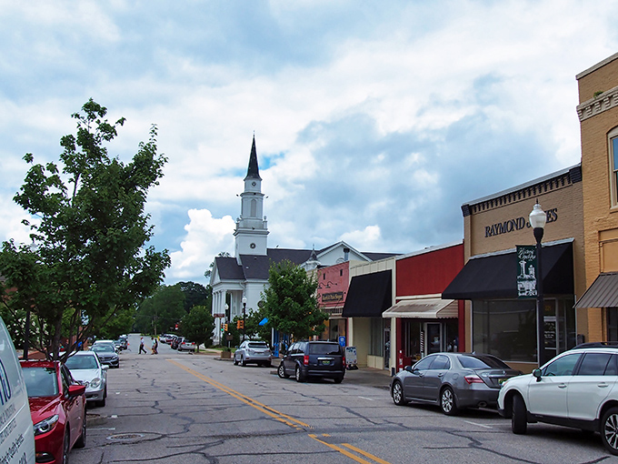 Downtown Opelika's main street offers that perfect small-town tableau&mdash;historic church spire, brick storefronts, and not a parking meter in sight!