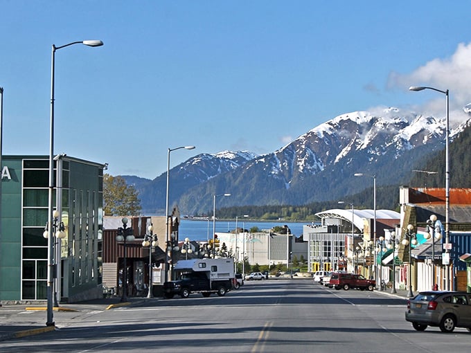 Downtown Seward stretches toward the bay like a welcome mat, with mountains standing guard like nature's own retirement security system.