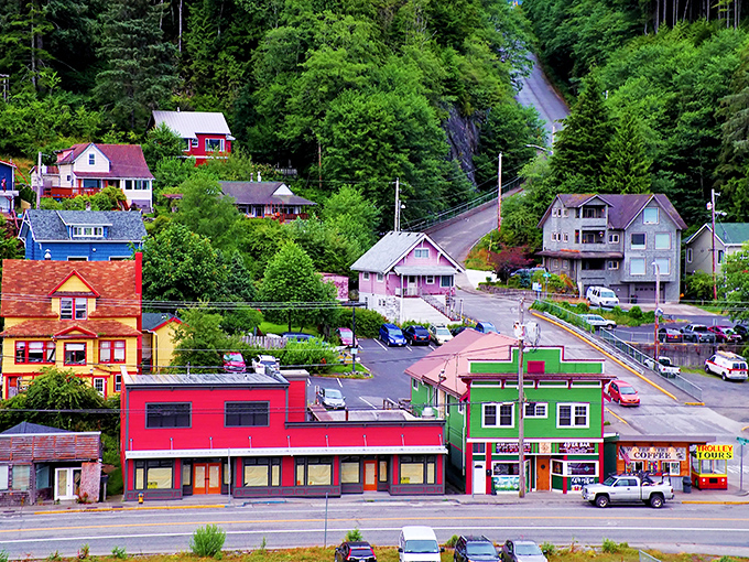 Downtown Ketchikan climbs the hillside like a colorful game of Tetris, where buildings seem to defy gravity and common sense.