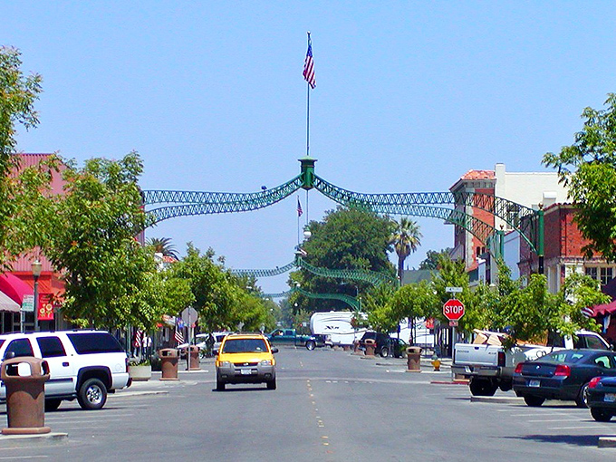 Downtown Marysville welcomes visitors with its iconic arch spanning the main street, a perfect small-town postcard moment frozen in California sunshine.