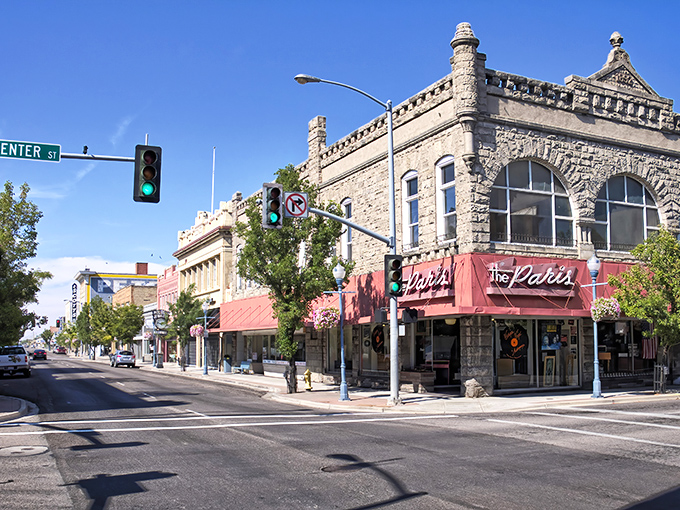 Downtown Pocatello's historic architecture stands proudly at Center Street, where the Palace building anchors a streetscape that Norman Rockwell would have adored.