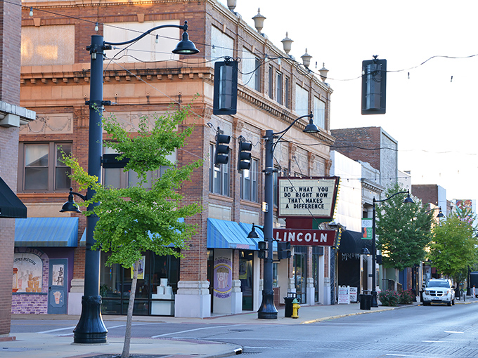 Belleville's historic downtown invites you to stroll at human speed, where brick buildings whisper stories and the Lincoln Theatre marquee promises entertainment without a streaming subscription.