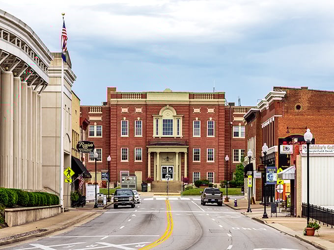 The stately courthouse anchors Elizabethtown's downtown, where American flags flutter and small businesses thrive in buildings with stories to tell.