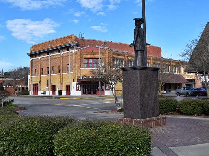 The historic Liberty Center stands proudly in downtown Eunice, a brick sentinel guarding the town's rich cultural heritage.