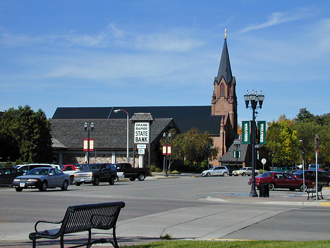 Downtown Grand Rapids showcases its architectural character with the striking church spire reaching skyward, a perfect backdrop for your affordable retirement selfies.