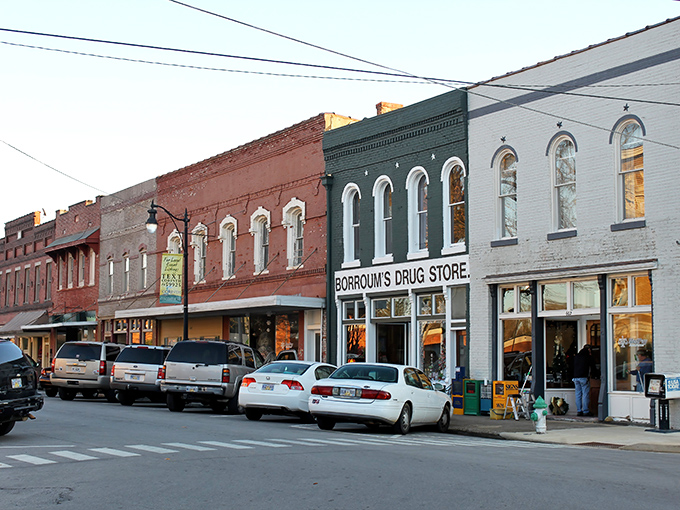 Borroum's Drug Store anchors Corinth's historic downtown, where brick facades tell stories older than most of the pickup trucks parked outside.