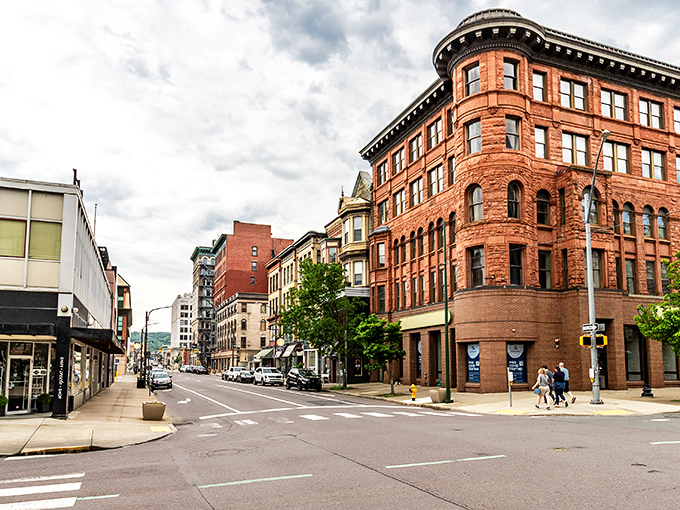 Scranton's historic architecture stands proudly at this downtown intersection, where red brick buildings whisper stories of the city's industrial heyday.