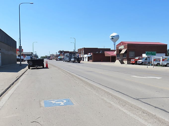 Main Street stretches toward the horizon, where Miller's iconic water tower stands sentinel over brick buildings and wide-open skies.