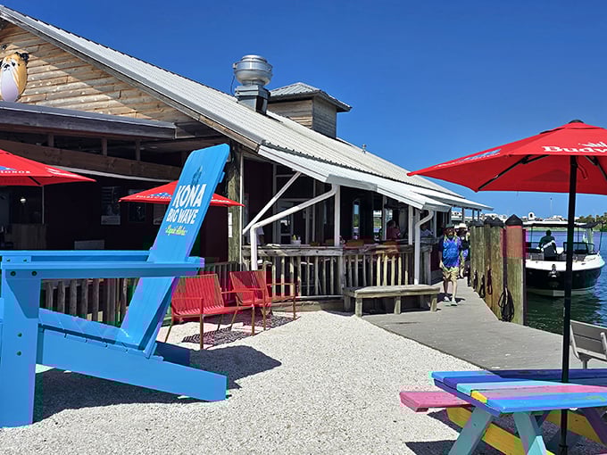 The Old Salty Dog's waterfront perch welcomes you with colorful Adirondack chairs and red umbrellas&mdash;Florida's version of a coastal hug.