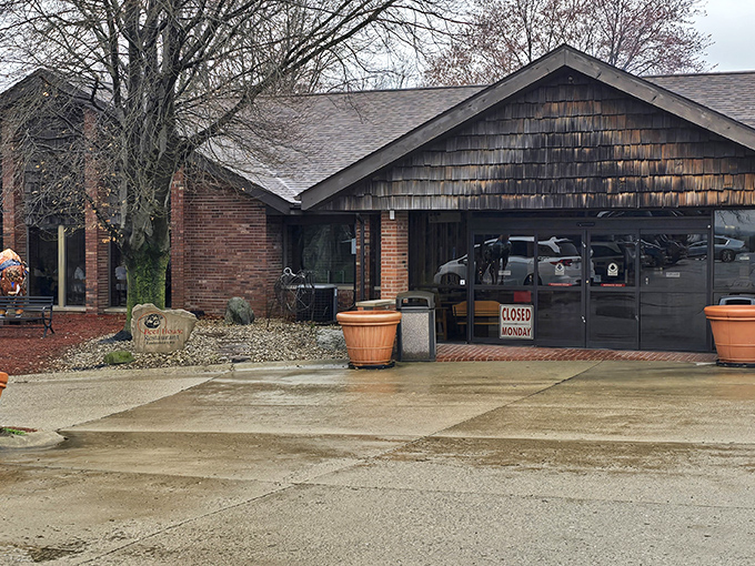 The rustic charm of The Beef House's exterior belies the culinary treasures waiting inside this unassuming roadside gem near the Indiana-Illinois border.