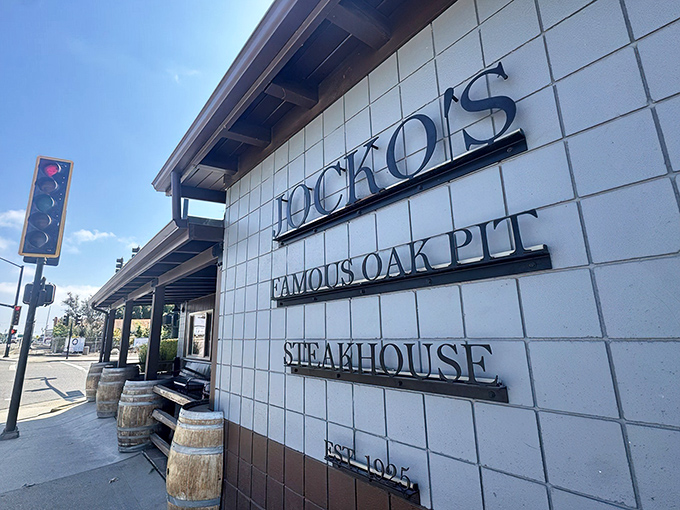 The iconic white-tiled facade of Jocko's proudly announces its identity—no fancy frills needed when your steaks speak volumes.