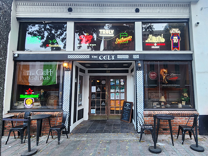 Cheers! Step inside The Celt, where the dark wood and bright signs promise a perfect pint and an unforgettable Irish meal.